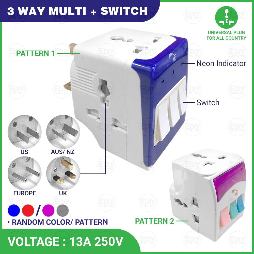 3 WAY ADAPTOR ADAPTER SWITCH USB SOCKET OUTLET PLUG EXTENSION WALL ...