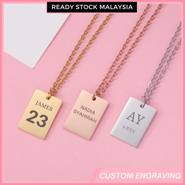 Personalized Engraved Rectangle Necklace Rantai Nama Ukir Nama Name ...
