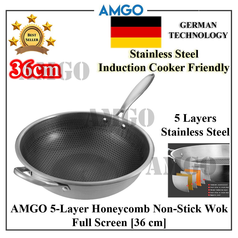 AMGO Stainless Steel 36cm Honey Comb Wok Frying Cooking Steamboat Hot ...