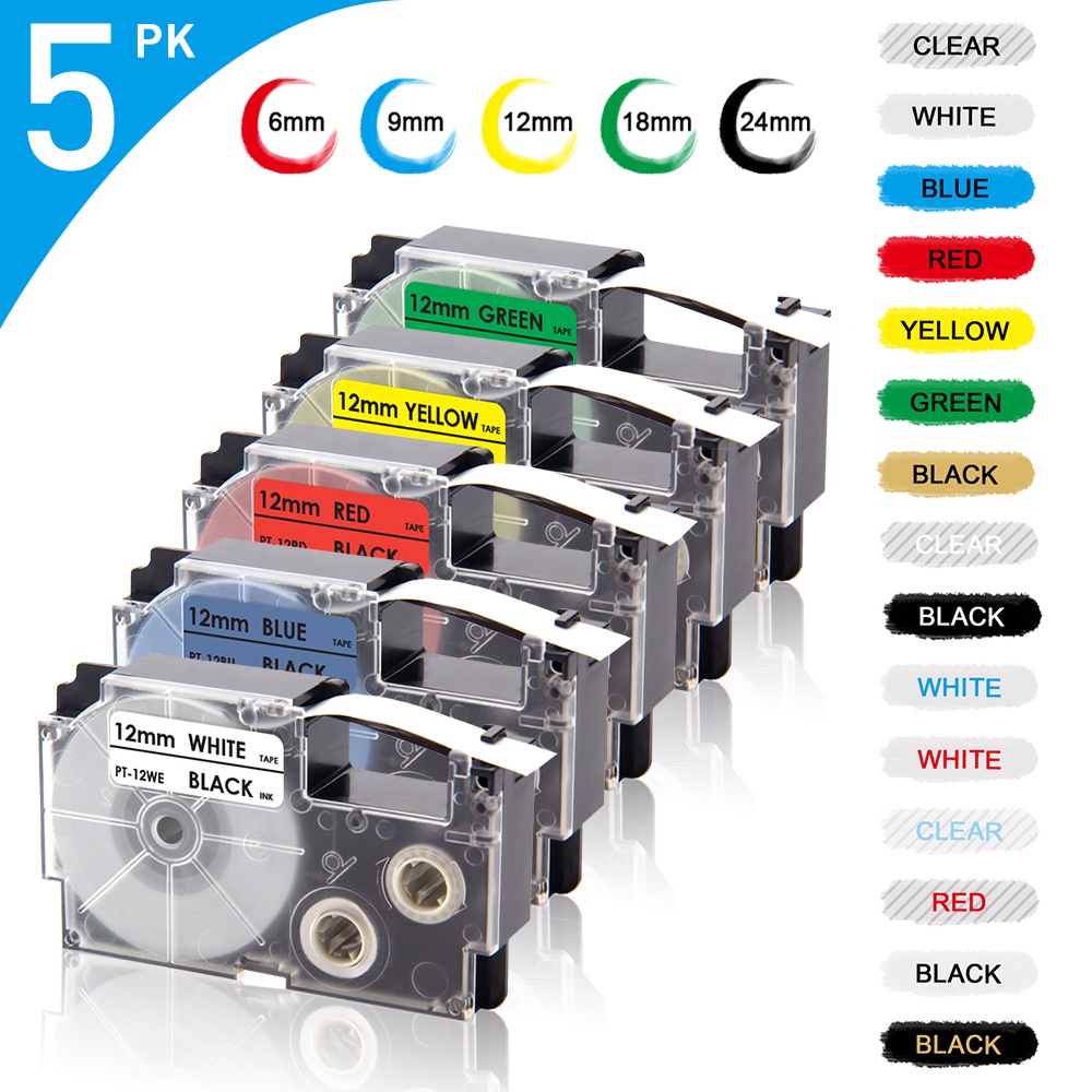 【5PK】6/9/12/18/24mm Refill Ribbon Compatible Casio Label Tape XR Tape ...
