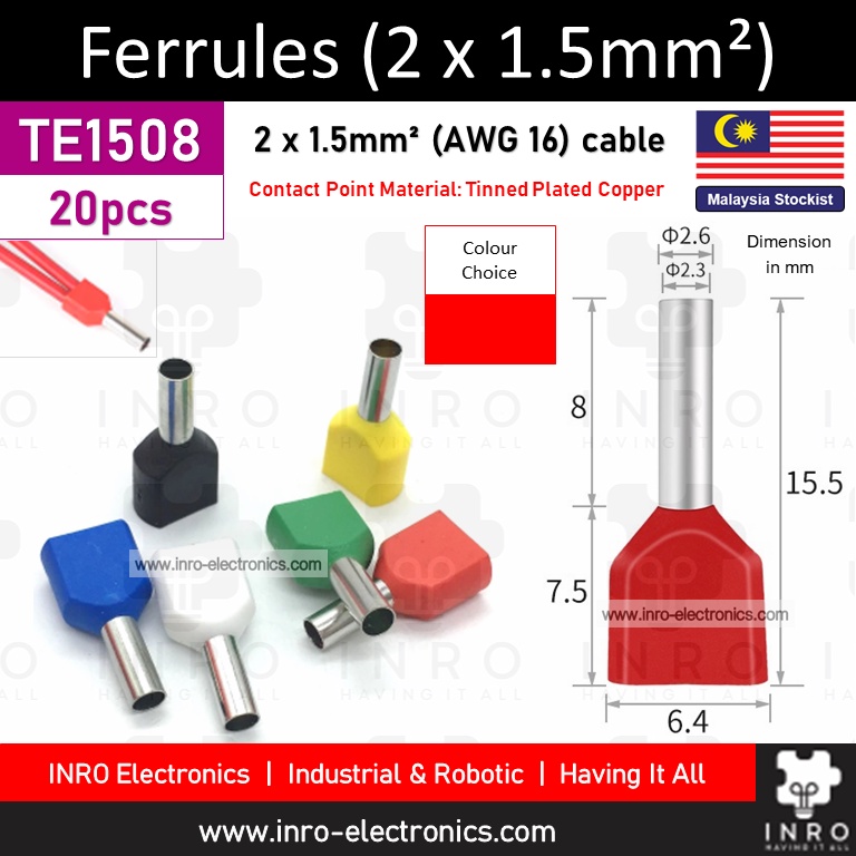 [20pcs] Twin Wire Ferrules Ferrule, 0.34, 0.50-2.5mm2, TE0508 TE7508 ...
