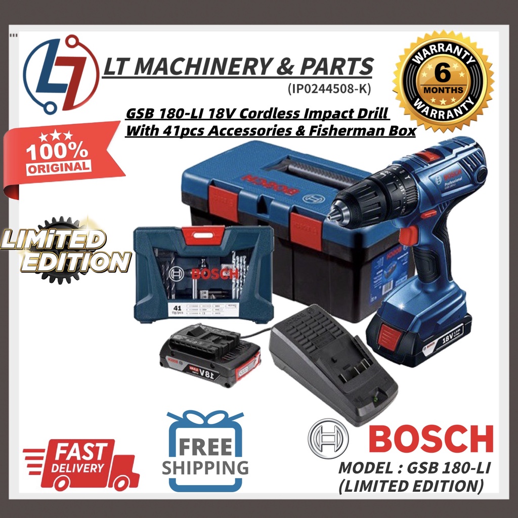 BOSCH GSB 180-LI Cordless Impact Drill with Fisherman's Box and 41pcs ...