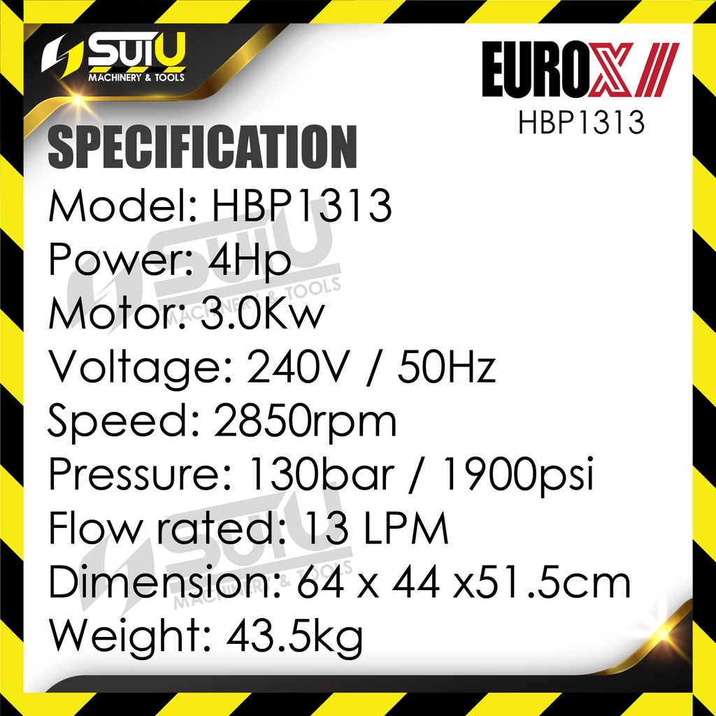 EUROX HBP1313 4HP 130Bar High Pressure Washer / Cleaner / Water Jet / 高压洗车机 3.0kW 2850RPM ...