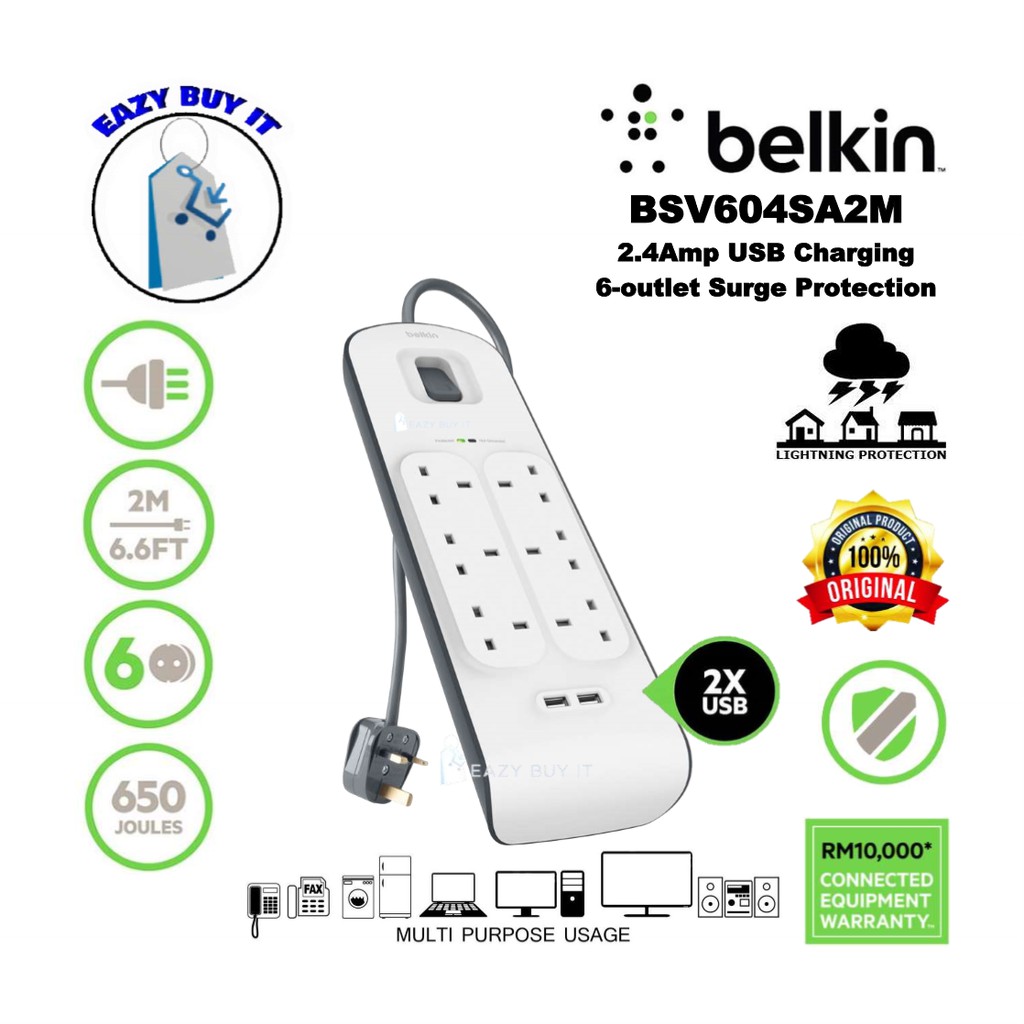 BELKIN 6-GANG SOCKET SURGE PROTECTOR WITH 2x USB PORTS 2.4A (2M ...
