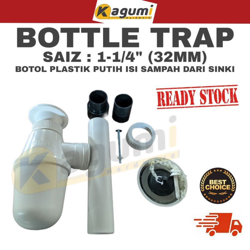 1-1/4" BOTTLE TRAP + WASTE / BOTOL PLASTIK PUTIH PERANGKAP SAMPAH ...