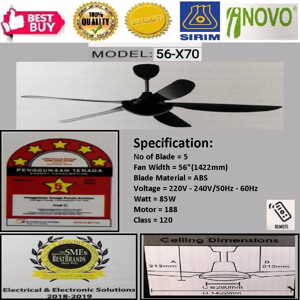 INOVO 56" Remote Control Ceiling FAN (5 Blade) (BLACK) | Shopee Malaysia