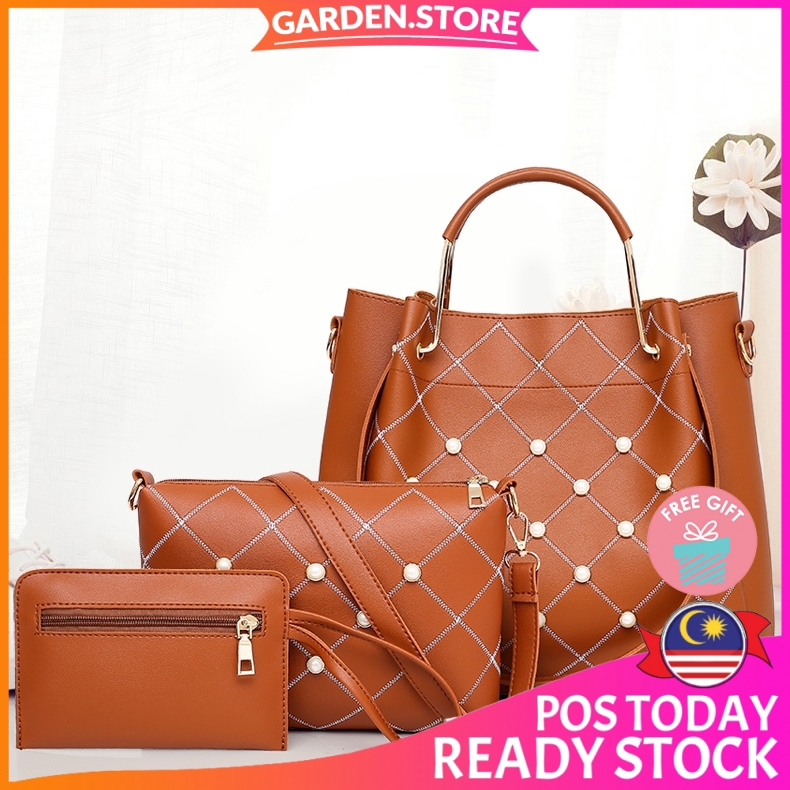 Handbeg Wanita (457) Set 3 in 1 Korea Elegant Premium PU Classy Handbag and Cros | Shopee Malaysia