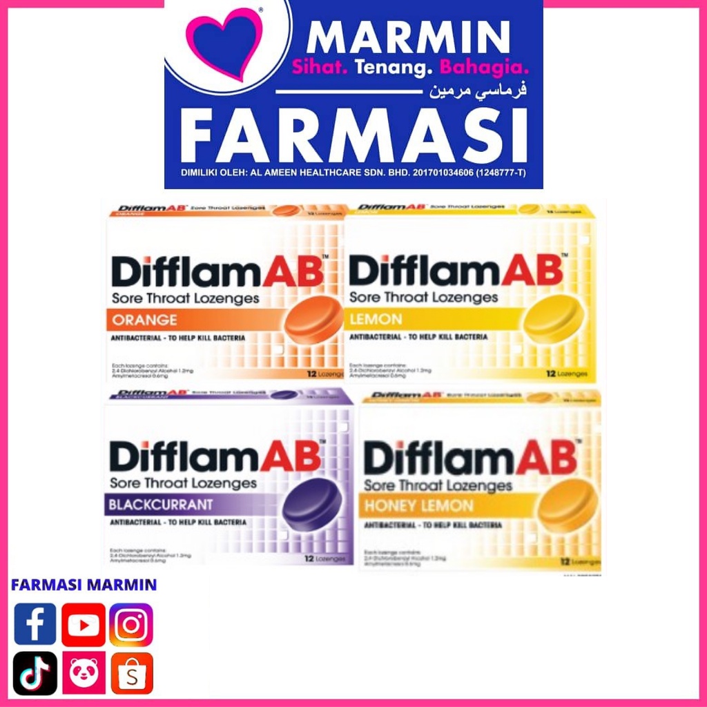 DIFFLAM AB SORE THROAT LOZENGES - BLACKCURRANT/ORANGE/LEMON/HONEY LEMON ...