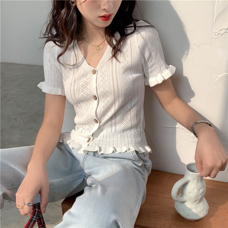 K Knitted Half-Sleeved T-Shirt Small Cardigan V-Neck Single-Breasted ...