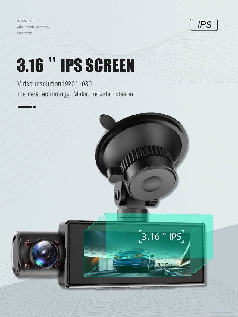 Asawin T3 3 Channels Dash Cam 3 Ways Car Camera Front And Rear Inside 3 ...