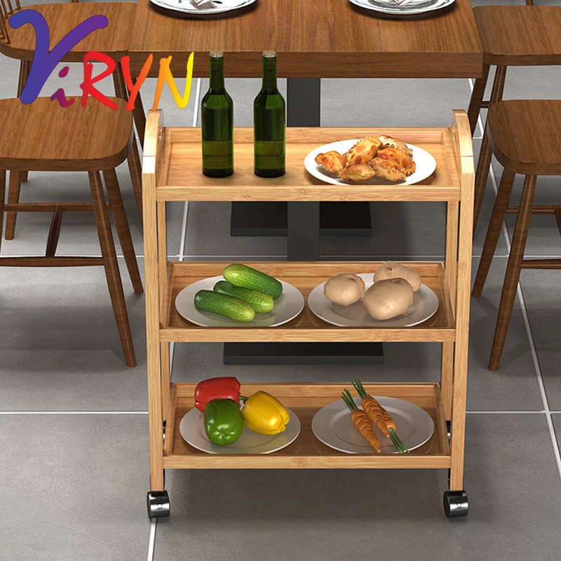 ViRYN Restaurant Three Layers Trolley Kitchen Dish Rack Wooden Storage ...