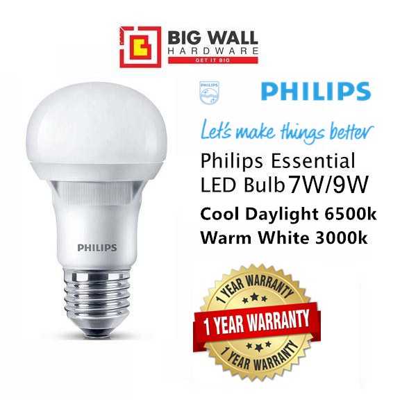 Philips Essential LED Bulb 7W/9W E27 220-240V Cool Daylight/Warm White *1 year Warranty Ready ...