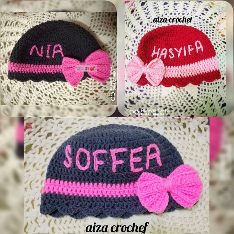 topi kait sulam nama kids @ baby/bayi @ budak / crochet hat reben ...
