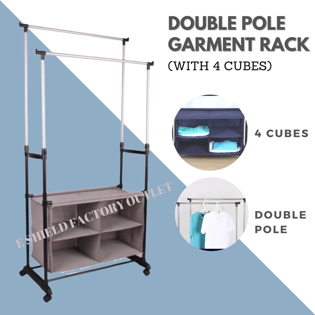 Double Pole Garment Rack with Organizer Cubes Clothes Hanger Drying ...