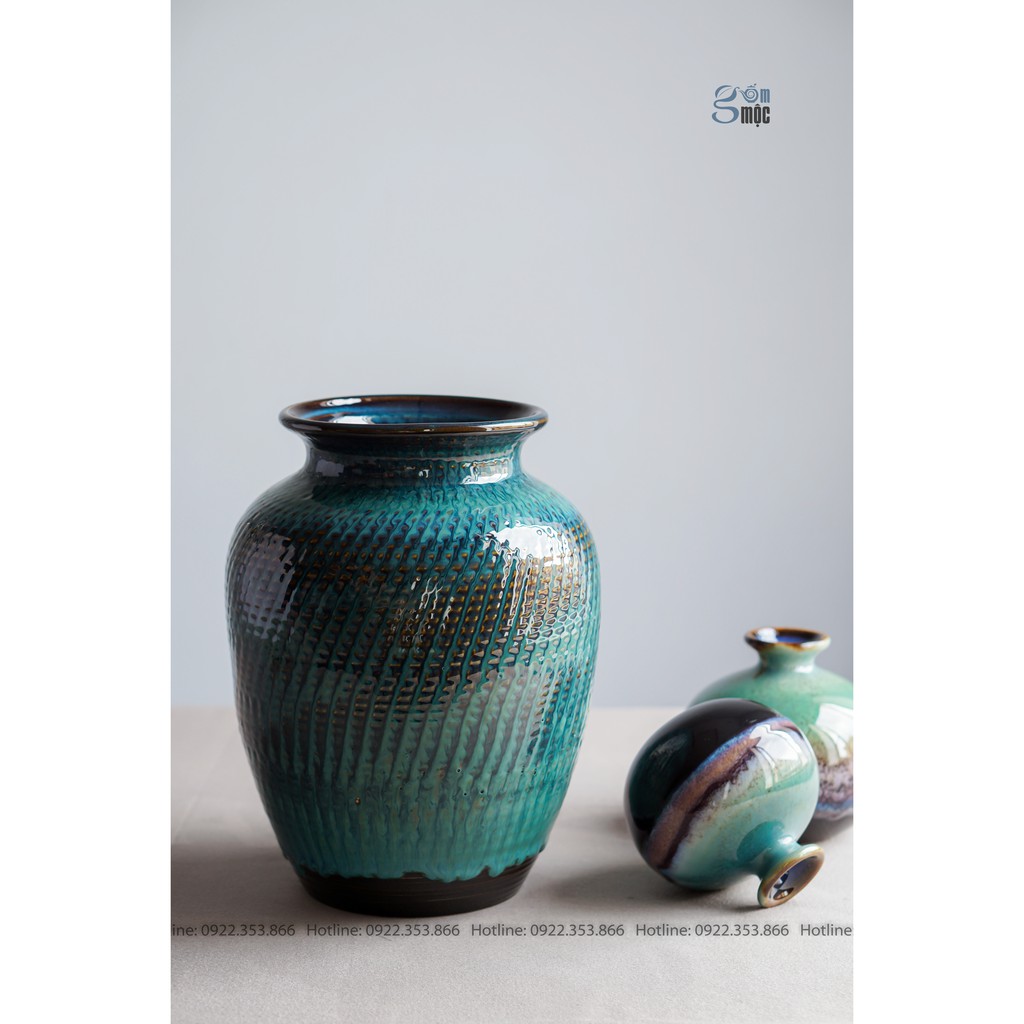 Blue and black striped fish scale ceramic flower vase, Bat Trang ...