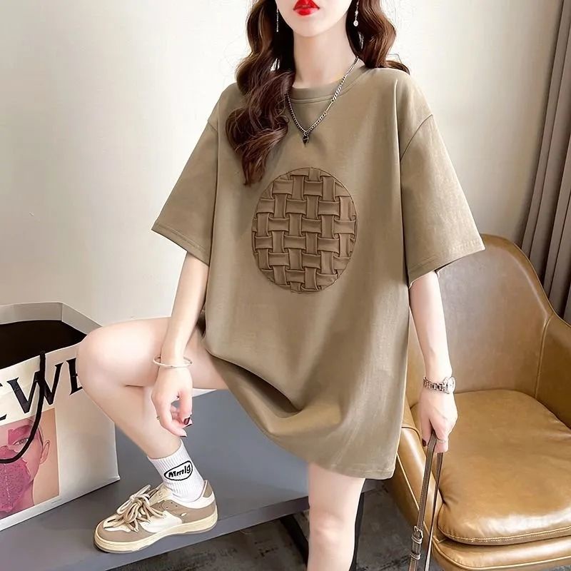 纯棉夏季新款韩版设计感印花休闲小众中长款t恤女宽松短袖上衣ins Pure Cotton Summer New Style Korean