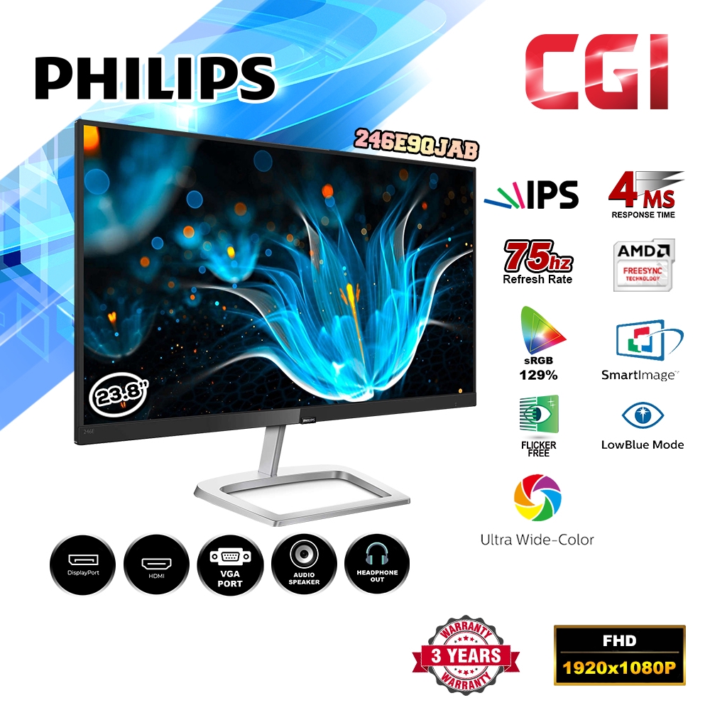 Philips 246E9QJAB 24" IPS FHD 75Hz 4ms AMD FreeSync Bezeless VGA HDMI ...
