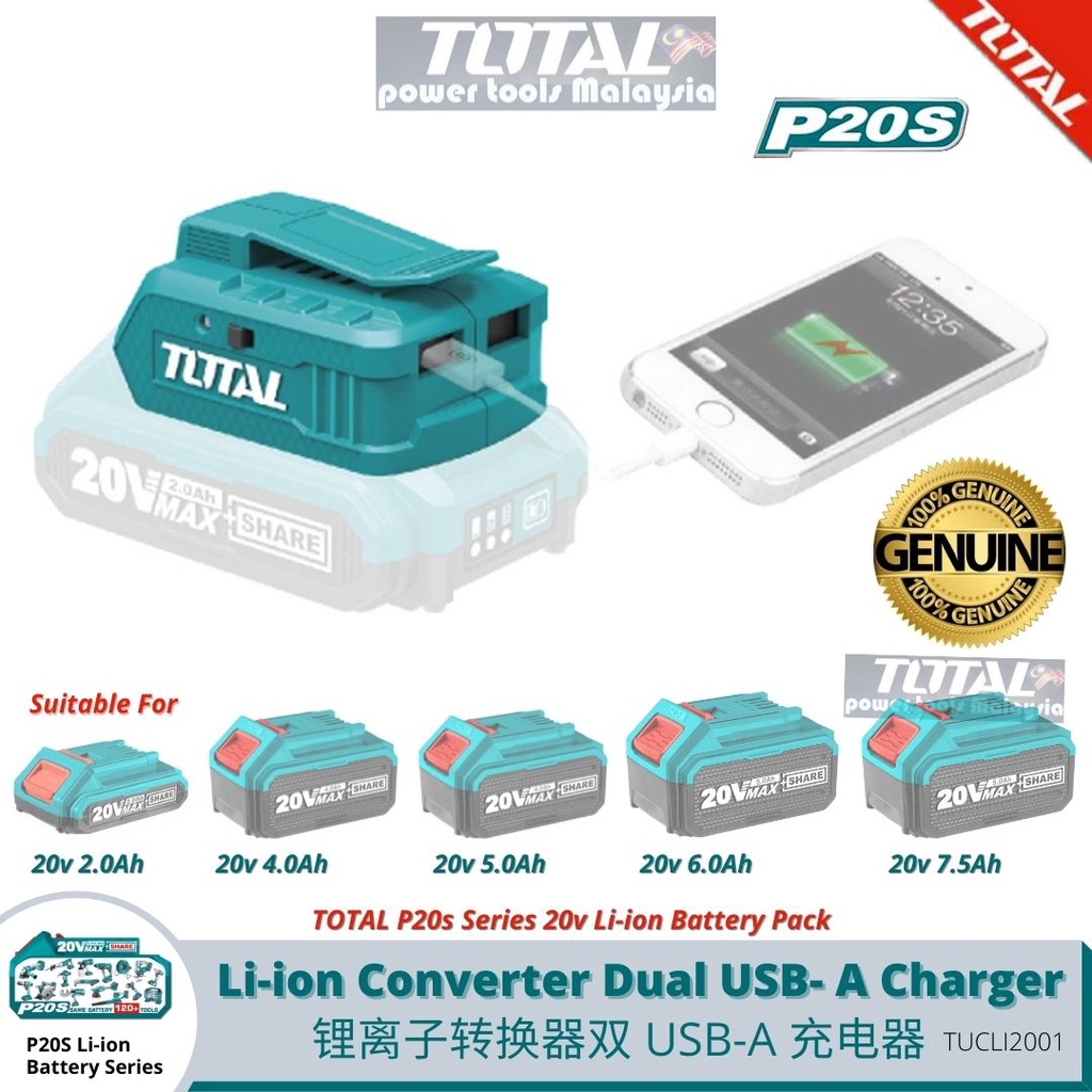 TOTAL P20s 20v Series Li-Ion Battery Converter Adapter for Dual USB-A ...
