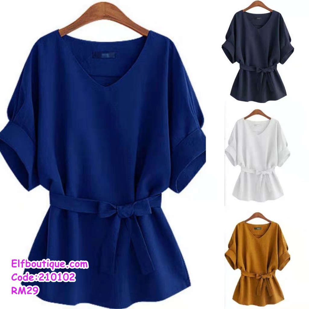 V-Neck Short Sleeve Ribbon Tie Top Plus Size S-7XL Green/Navy/Brown ...