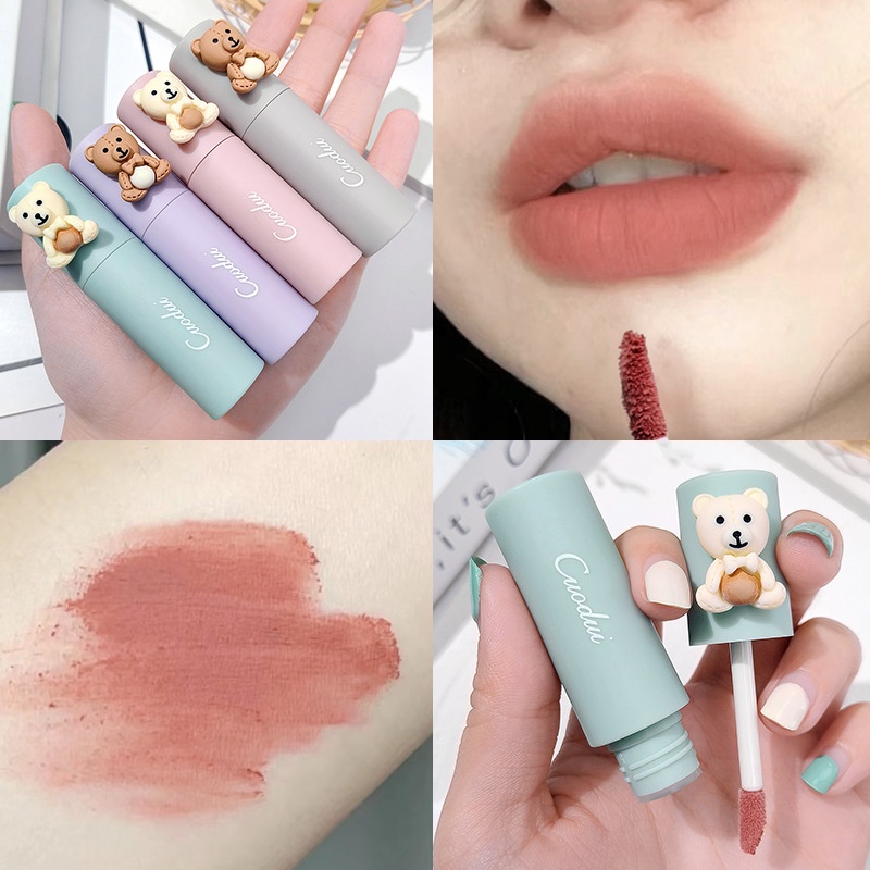 CUODUI Cute Bear Velvet Matte Lip Gloss Lip Mud Non-stick Cup Moisturizing Lipstick | Shopee ...