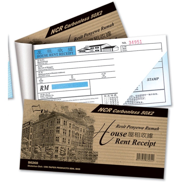 UNI S6260 NCR House Rent Receipt Resit Penyewa Rumah 50' s x 2 ply ...