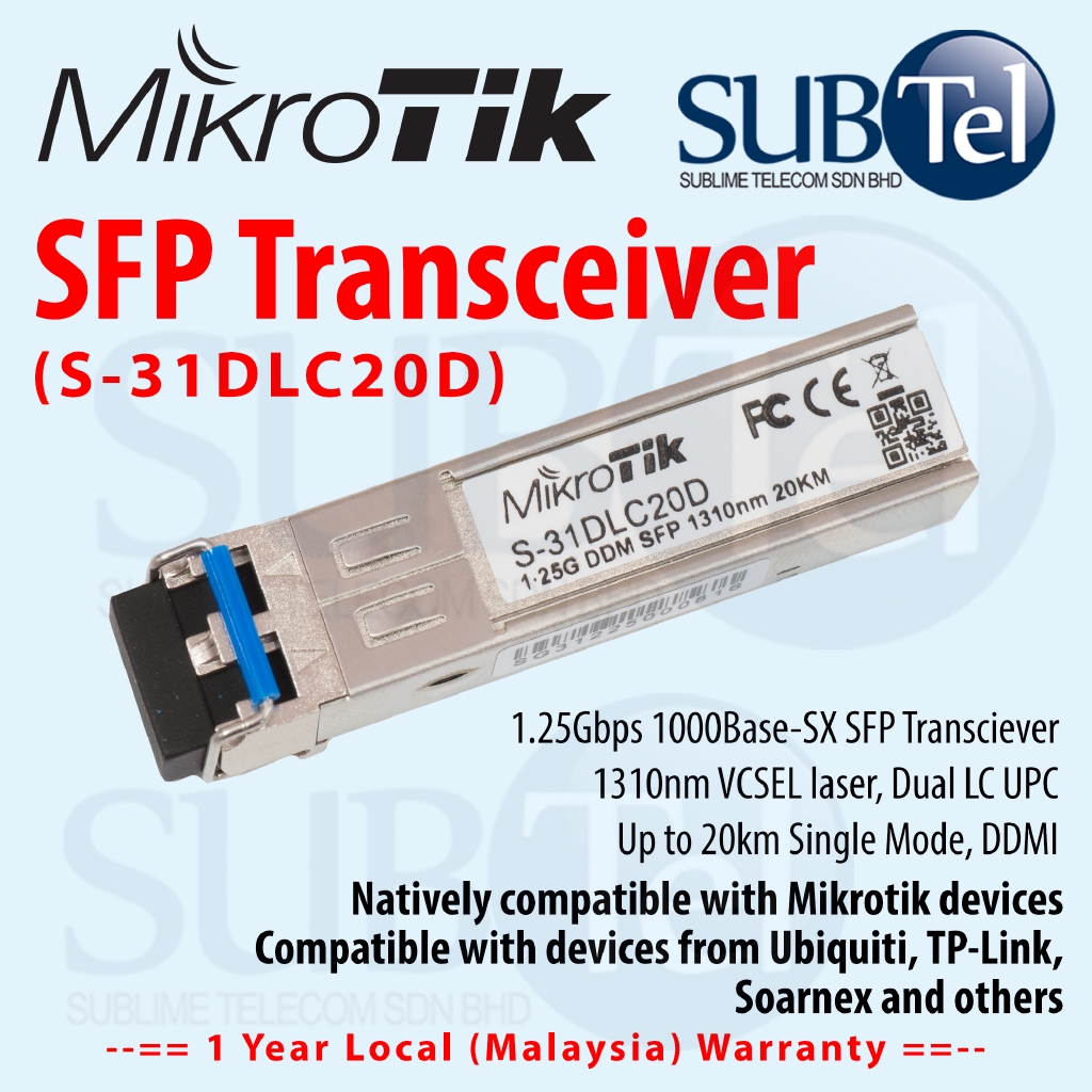 Mikrotik SFP Transceiver S-31DLC20D 1.25Gbps 20 km with DDMI Single ...