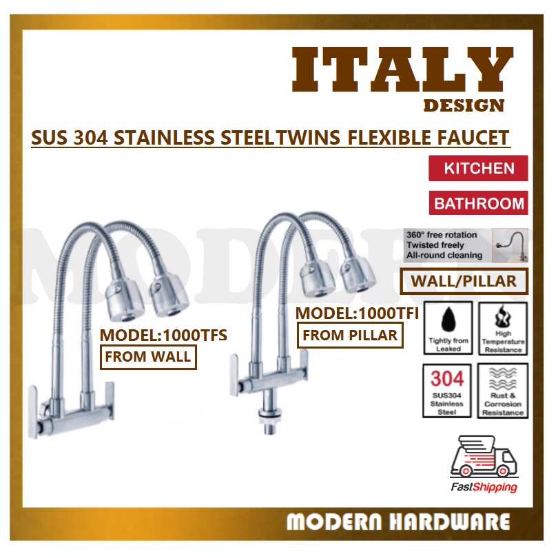SUS 304 STAINLESS STEEL TWINS FLEXIBLE FAUCET/PILLAR SINK TAP/WALL SINK ...