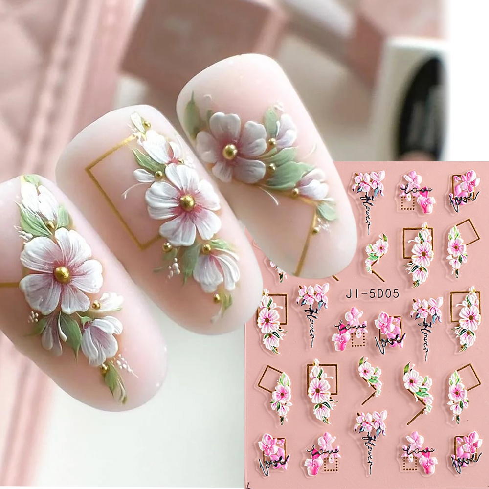 5D Nail Stickers Flowers Geometric Lines Decor Acrylic Embossed Sliders ...