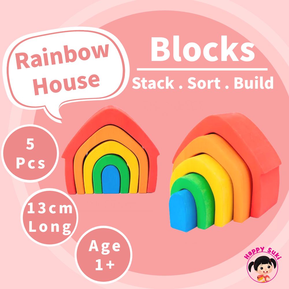 [SUKI] Wooden Rainbow Coloured House Building Block for Kids / Open ...