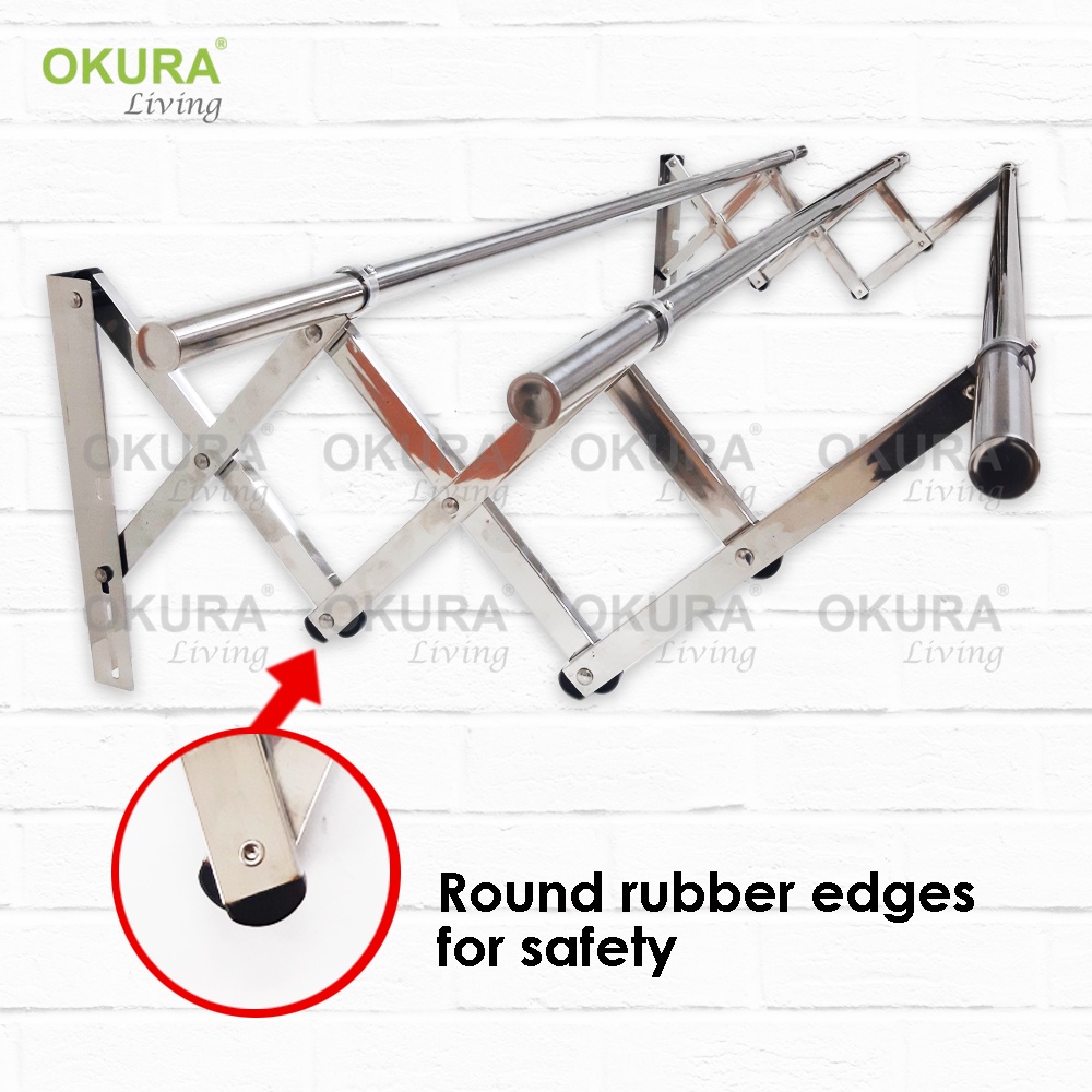 OKURA 3 Bar 1.2M / 1.5M / 1.8M Retractable Cloth Hanger Stainless Steel ...