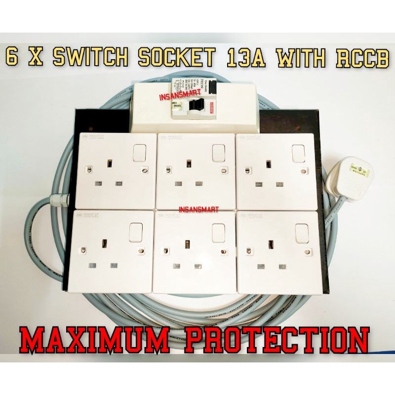 6 Way X 13A Switch Socket With MCB or ELCB / RCCB Protection. | Shopee ...