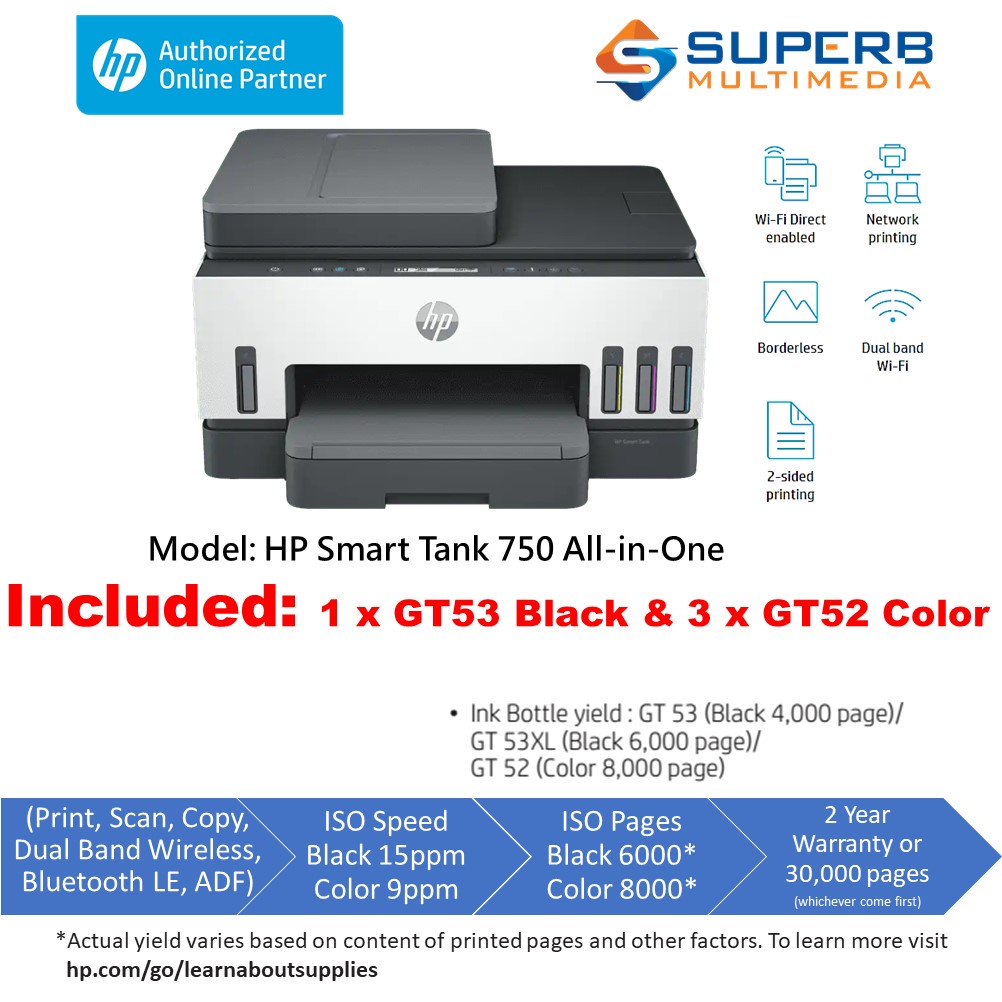HP Smart Tank 750 All-in-One Printer (Print, Scan, Copy, Auto Duplex ...