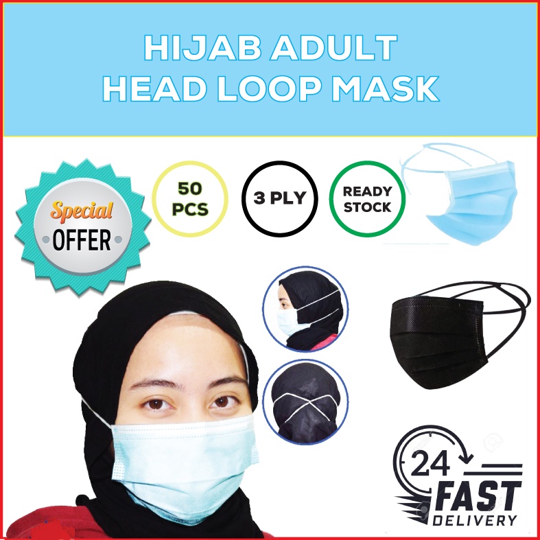 Head Loop Hijab Mask Headloop Mask 3Ply Face Mask Hitam Blue Face Mask ...