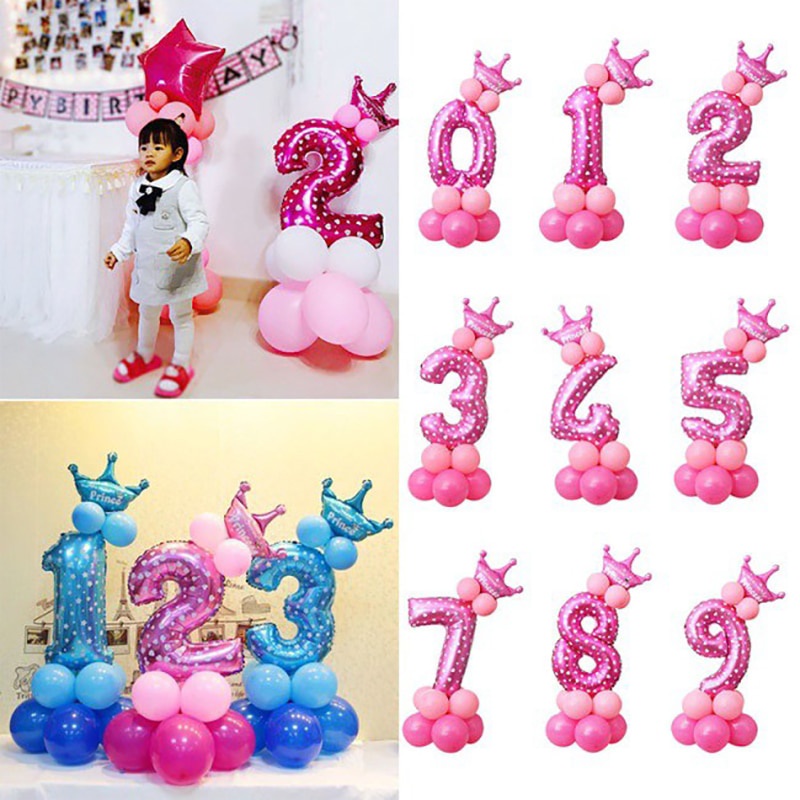 12pcs/set Crown Number Balloon Set Rainbow /Pink/Blue Color Birthday ...