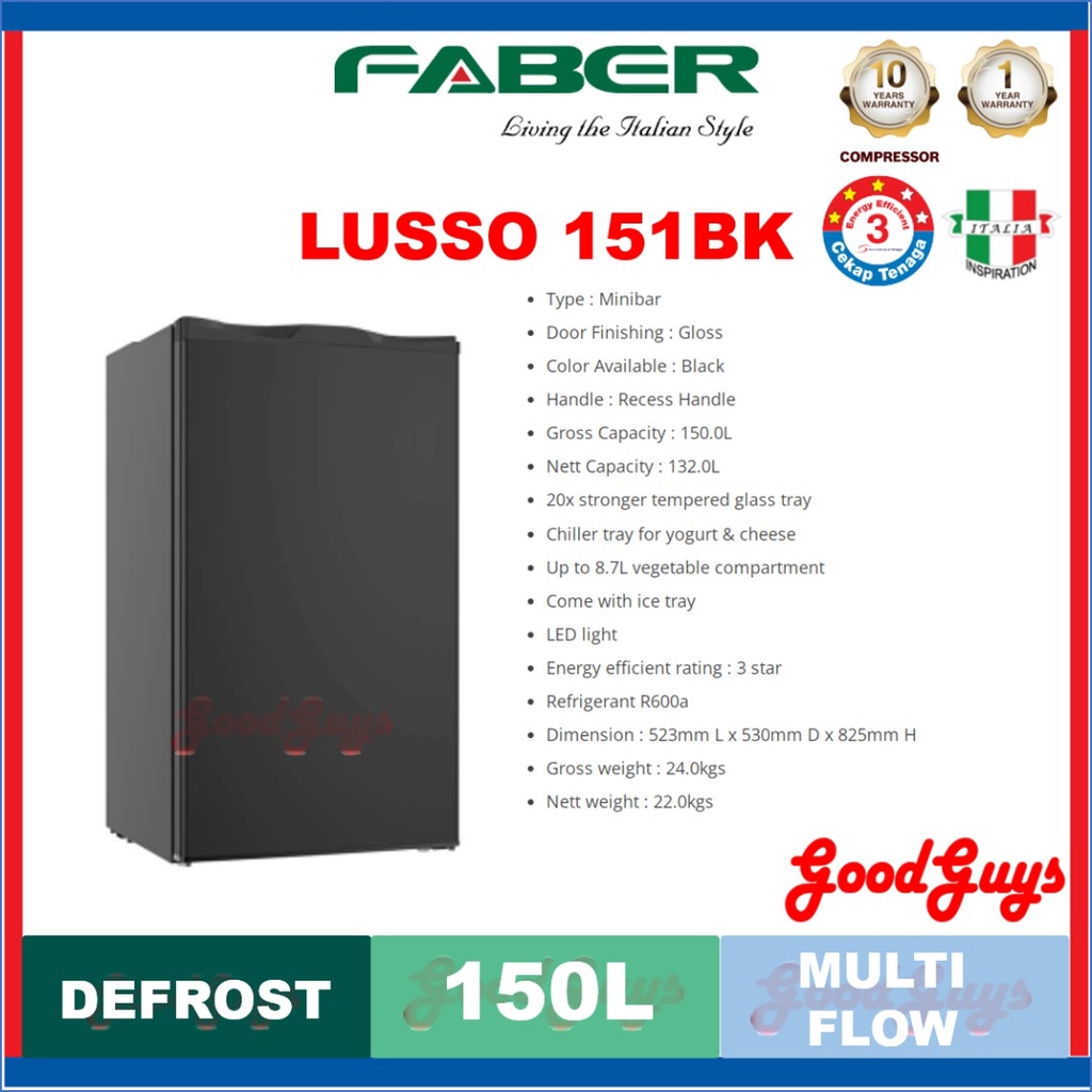 Faber LUSSO 151BK 150L Single Door Refrigerator / Mini Bar / Manual ...
