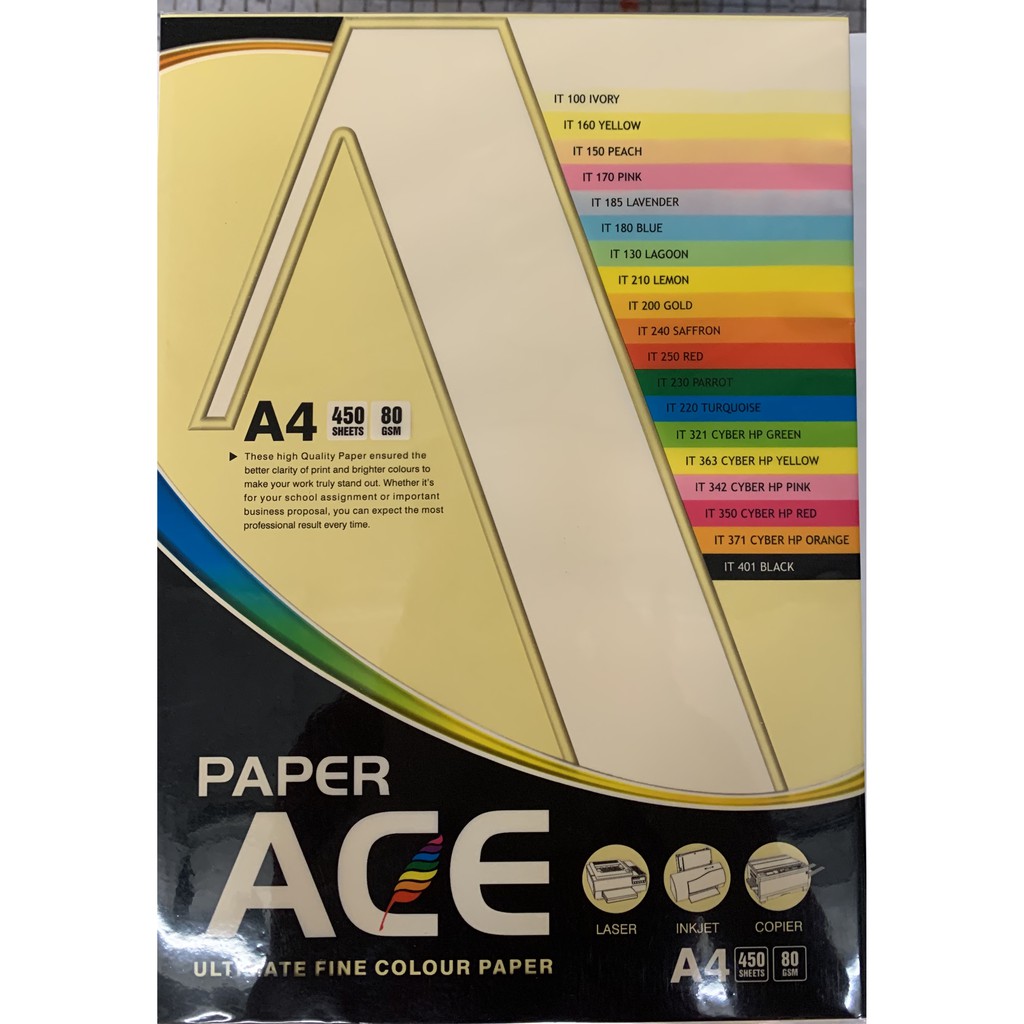 ACE A4 Colour Paper 80gsm 450 Sheets Kertas Warna Light Color | Shopee ...
