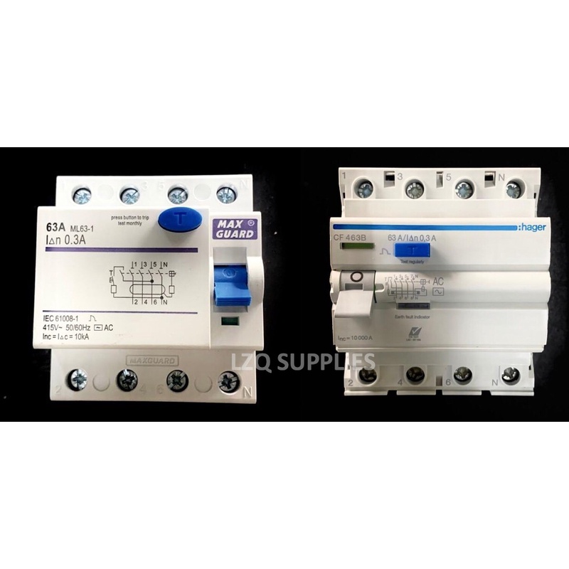Maxguard / Hager (CF 463B) - 63A / 0.3A 4 Pole Circuit Breaker - ELCB ...