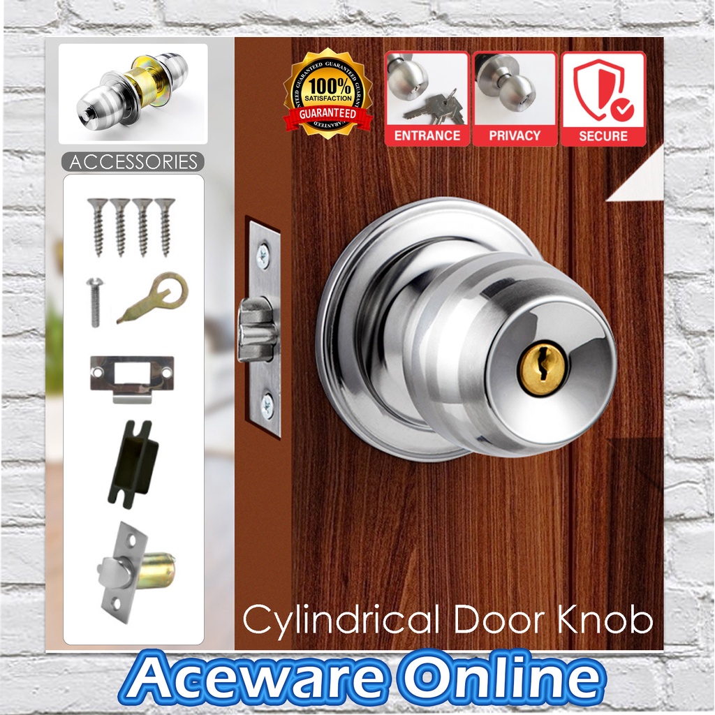Silver Cylindrical Door Knob Lockset Stainless Steel Round Ball Style ...