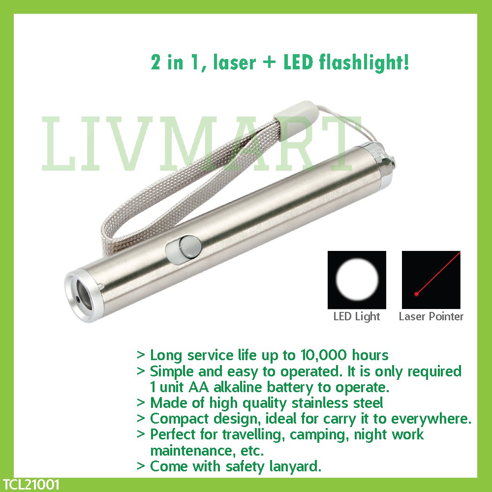2 in 1 Laser+Light Pen Torch Light Pen AA Battery Operated Stainless ...