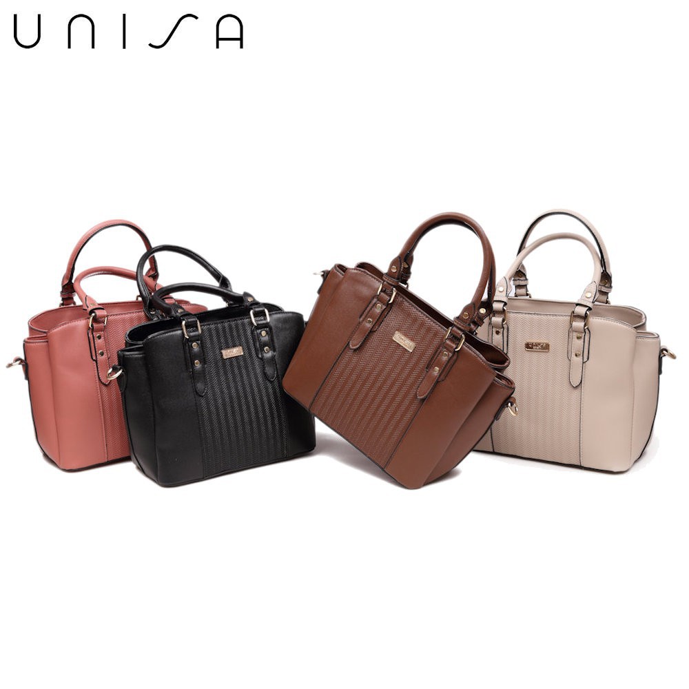 UNISA Deboss Convertible Multi-Compartment Top Handle Bag (Black/Beige ...
