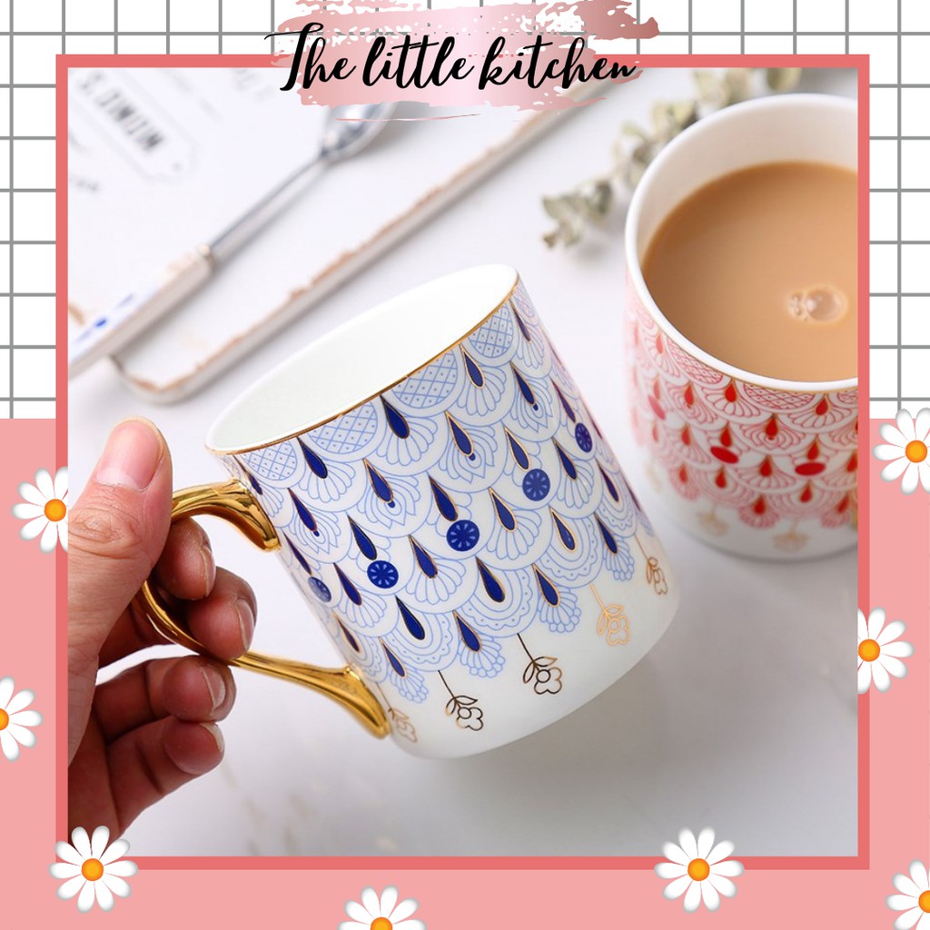Bone ceramic cup with peacock feather pattern and spoon | Shopee Malaysia