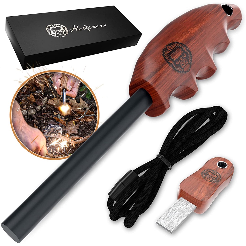 Wood Handle Fire Starter Ferro Rod Gift Set W/Finger Grip Survival ...