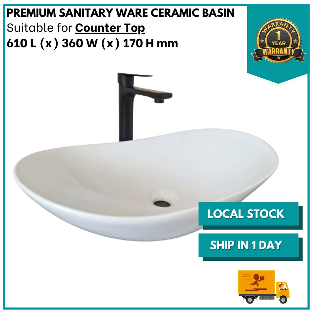 610MM Gloss White Oval Shape Basin Ceramic Deep Counter Top Basin ...
