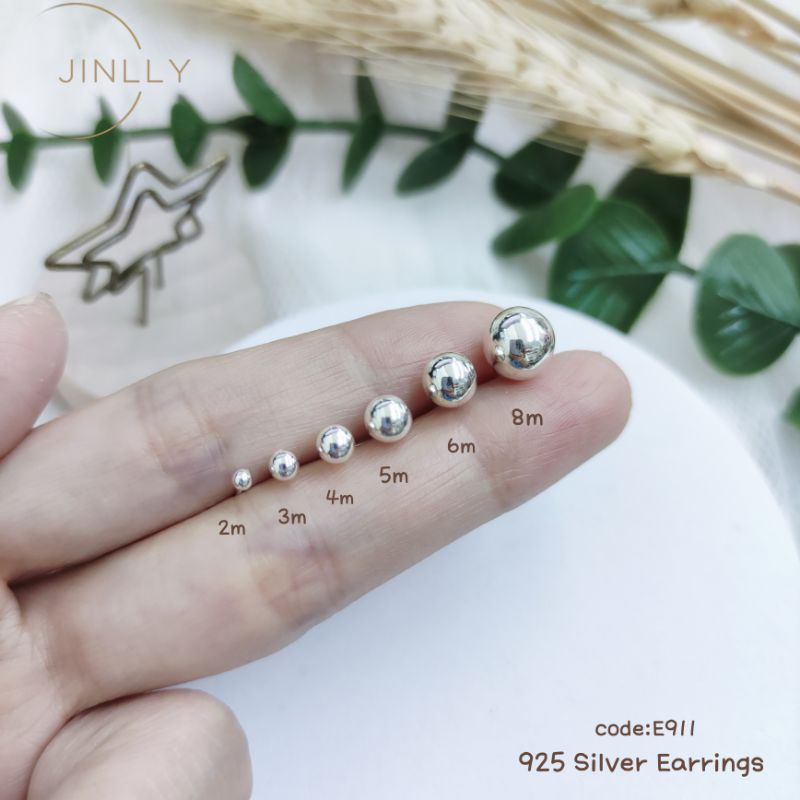 JINLLY SILVER -925 Simple Ball Stud Earrings/subang telinga/subang ...