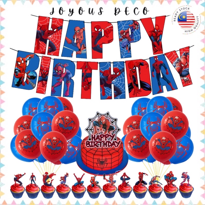 Spiderman birthday set kids balloon banner flag cake topper party ...
