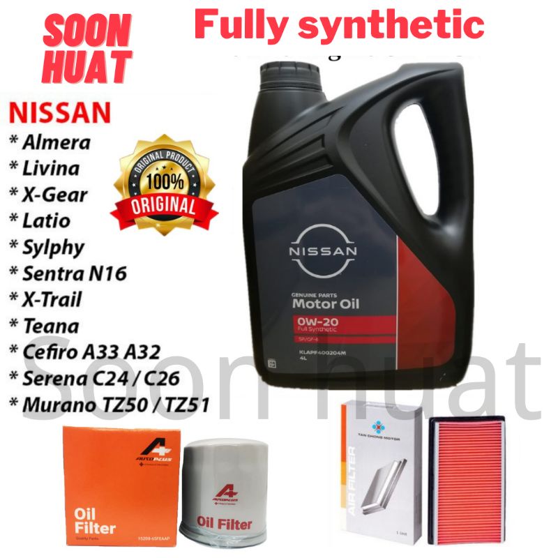 Nissan Fully Synthetic 0W20 Engine Oil 4L SN + TC oil filter + TC Air ...