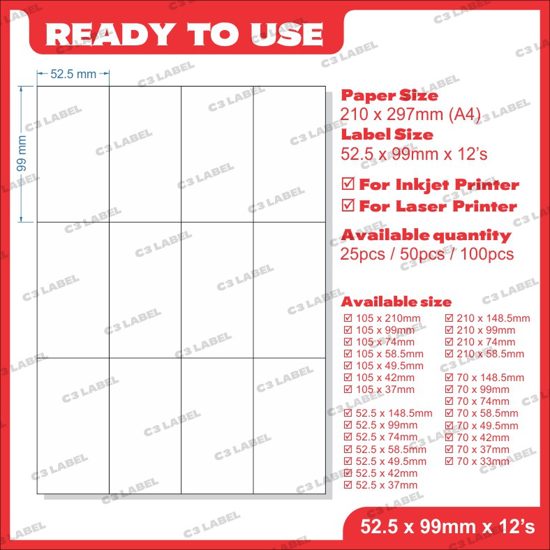 A4 Pre Cut Blank Sticker / A4 Blank Sticker / A4 Pre-cut Label - 52.5 x ...