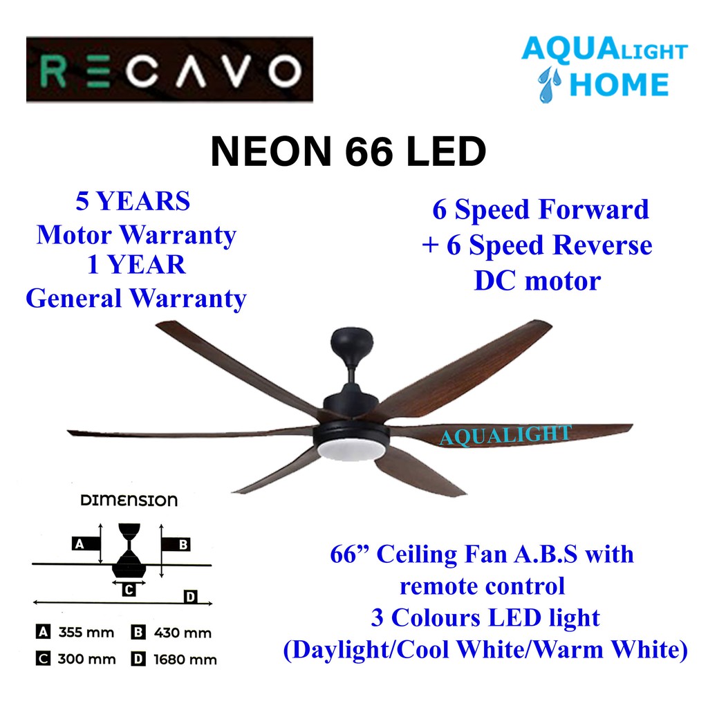 RECAVO NEON 66 LED SERIES 66INCH 6 BLADES DC MOTOR CEILING FAN WITH ...