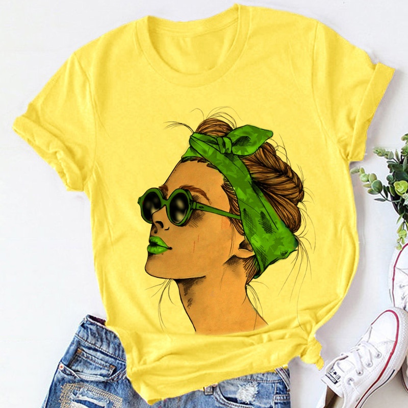 Yellow Plus Size Tshirt Women Summer Print Lady Casual T Shirt Tops