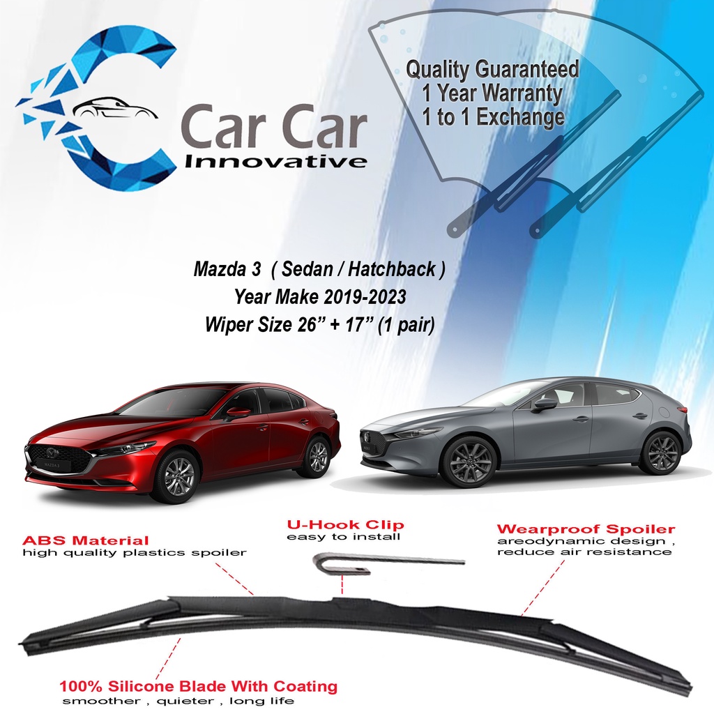 Mazda 3 (Sedan/Hatchback) Wiper, Silicone Wiper Blades, Year 2019-2023 ...